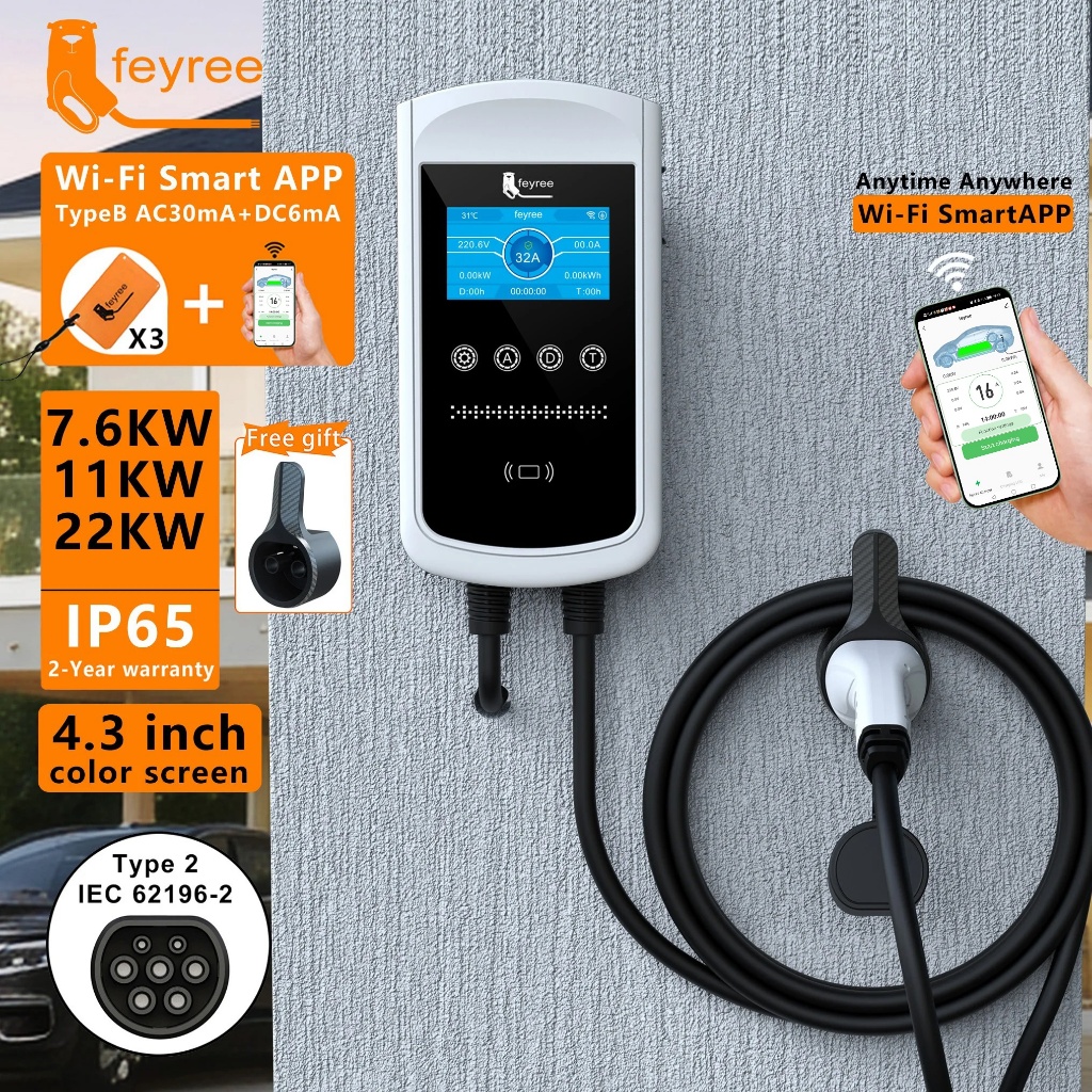 feyree 4.3 inch Big Screen EV Charger Type 2 7.6kw Wallbox with APP ...
