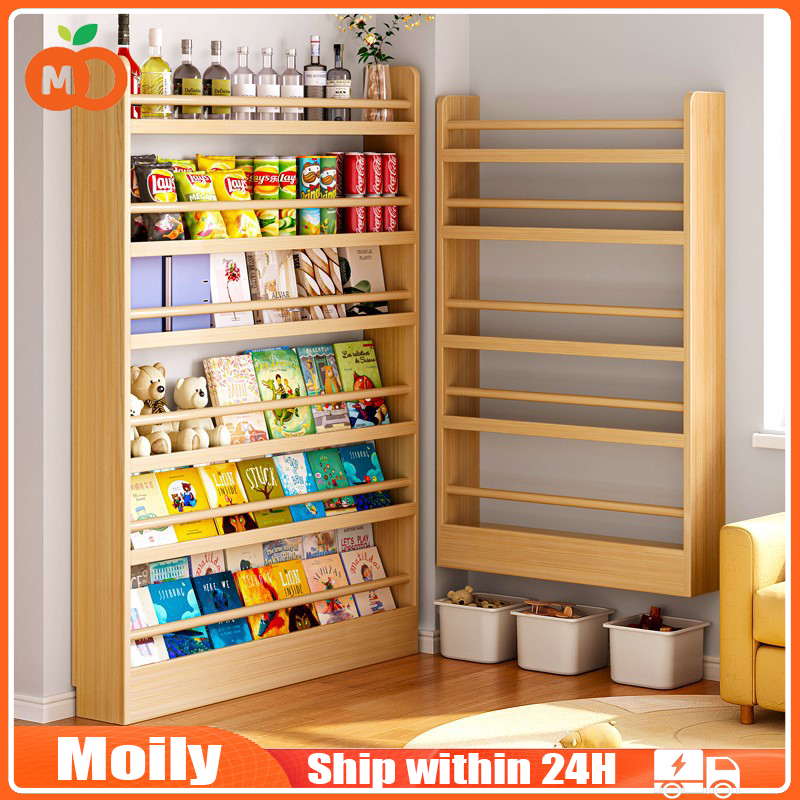 Wooden Book Shelf Rak Buku Bookcase Against Wall Book Rack Bookshelf ...