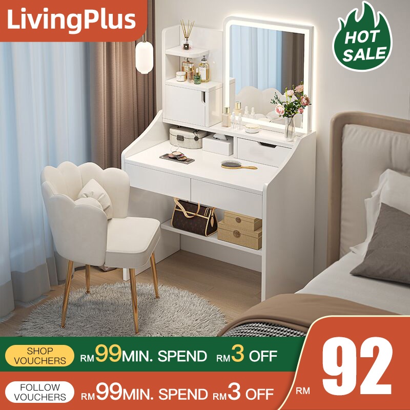 Meja Makeup Dressing Table With Mirror Vanity Table With LED Light ...