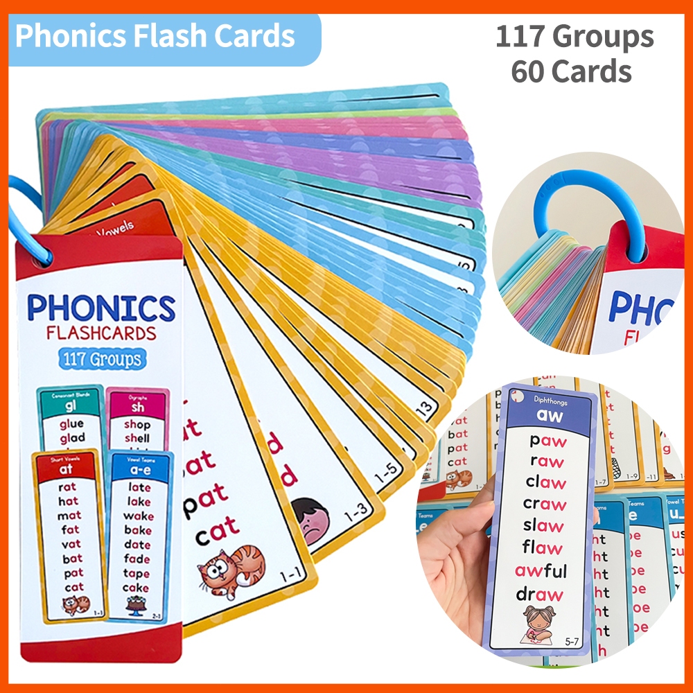 60 Cards Sight Words Phonics Flashcards Toddlers English Reading CVC ...