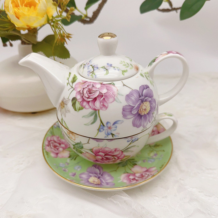 Tea for One Set Flowers Gilded Ceramic Coffee Cup/Pot/Saucer Romantic ...
