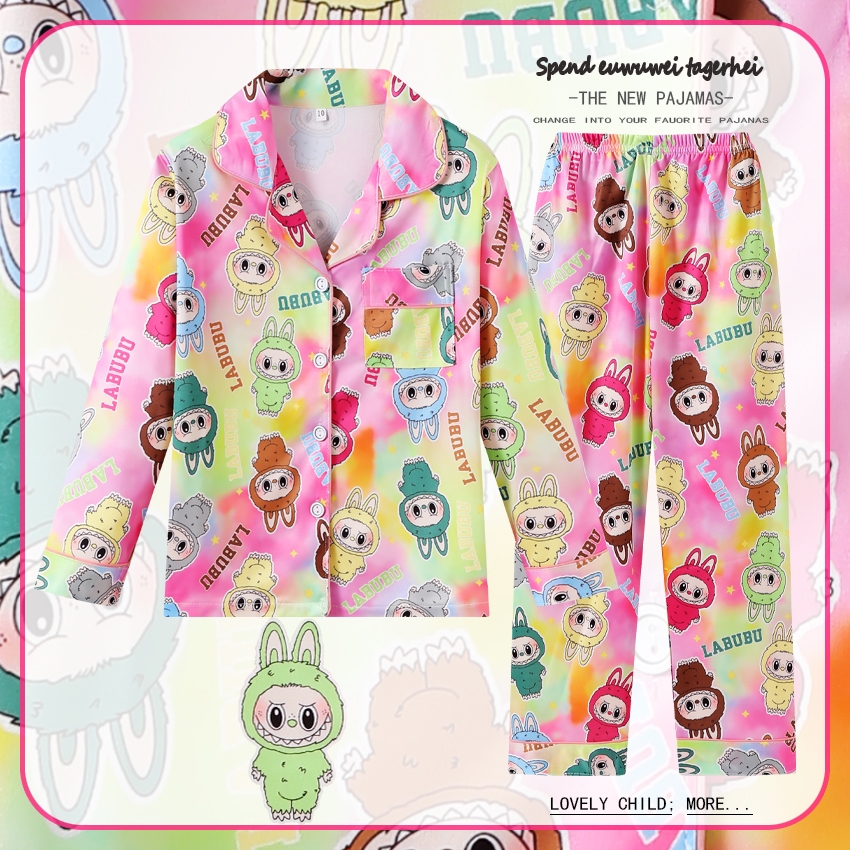 Pyjamas Kids Long Sleeve Lapel pajamas Cute Labubu Sleepwear Big Girl ...