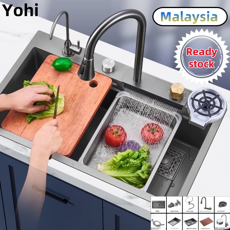 🔔Ready stock🔔Waterfall 304 stainless steel kitchen sink With three ...