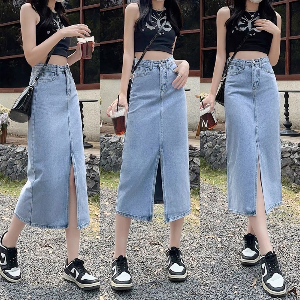 Retro Maxi Denim Skirt Maong Palda Jeans Korean Style Skirt With Slit ...