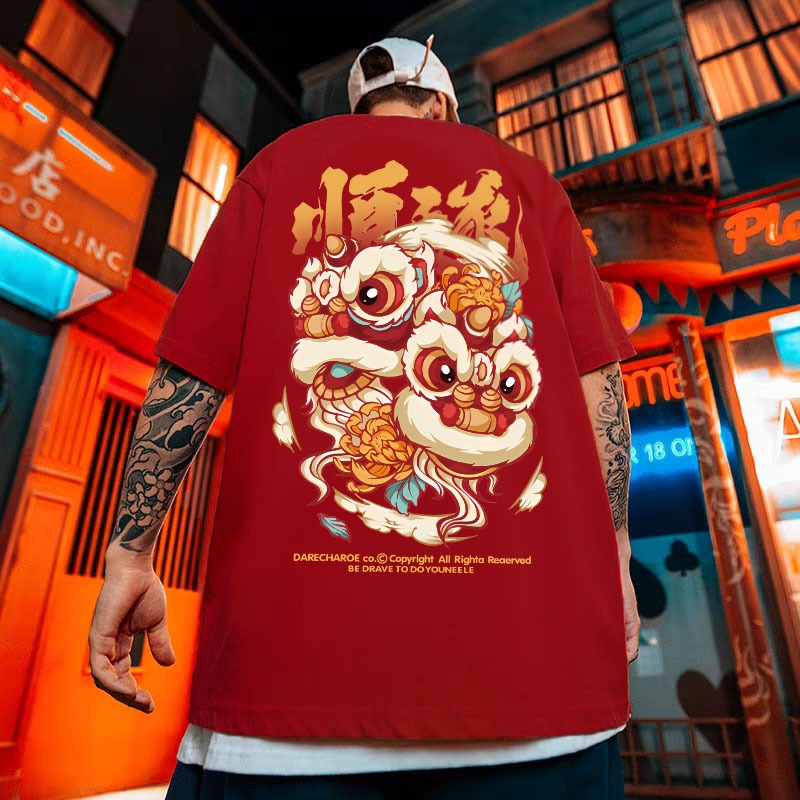 S-8XL 2025 CNY New Year clothes Couple T-shirt retro lion print round neck short sleeved men's ...