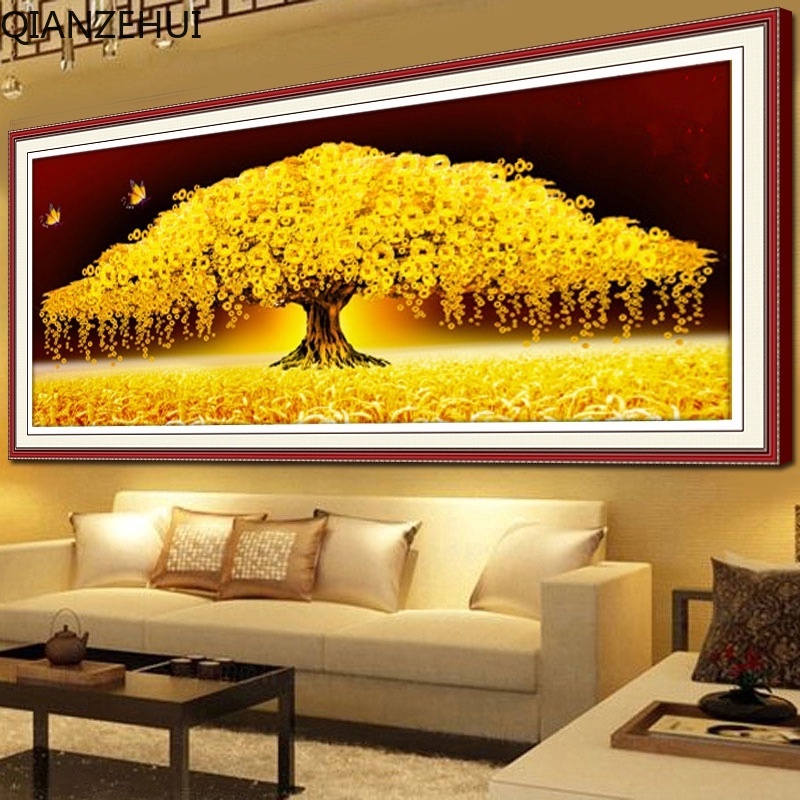 Chinese Feng Shui Golden Tree Canvas Painting Wall Art Posters Living ...