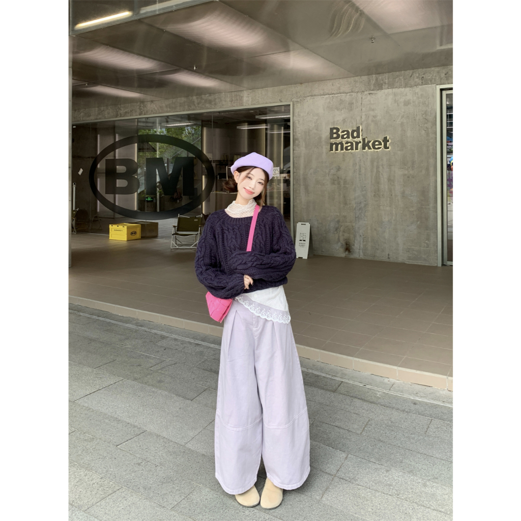 Straw Straw princesses Autumn Solid Color Twist Navy Blue Sweater+Wide ...