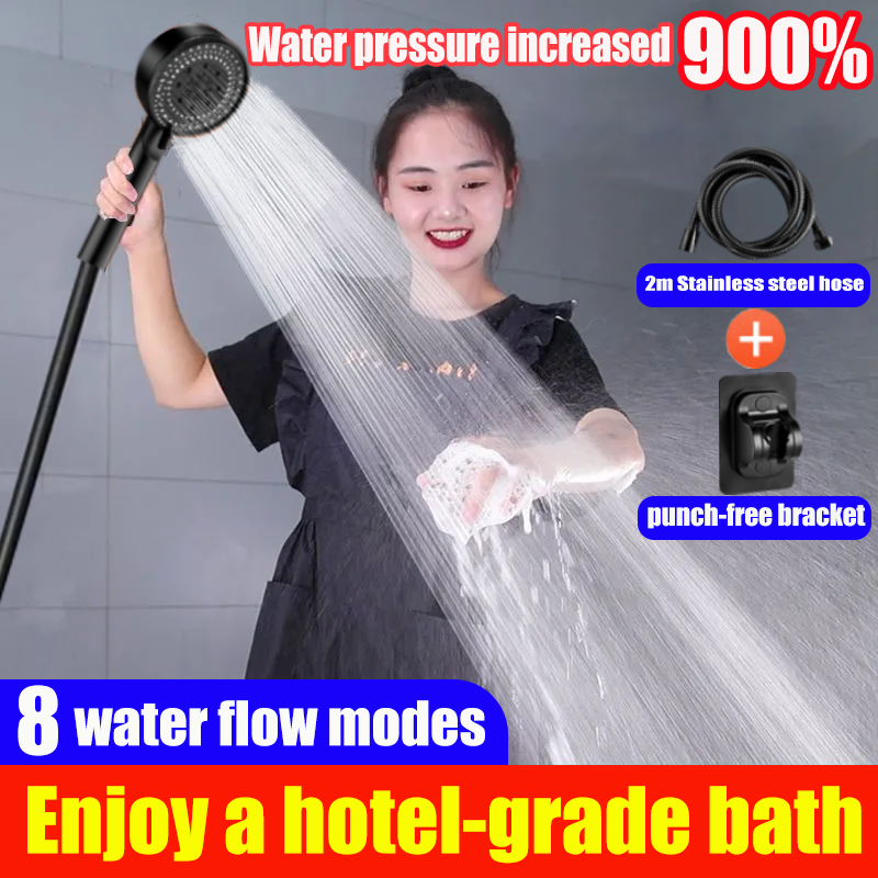 8 water flow modes shower head high pressure Free Stainless steel hose ...