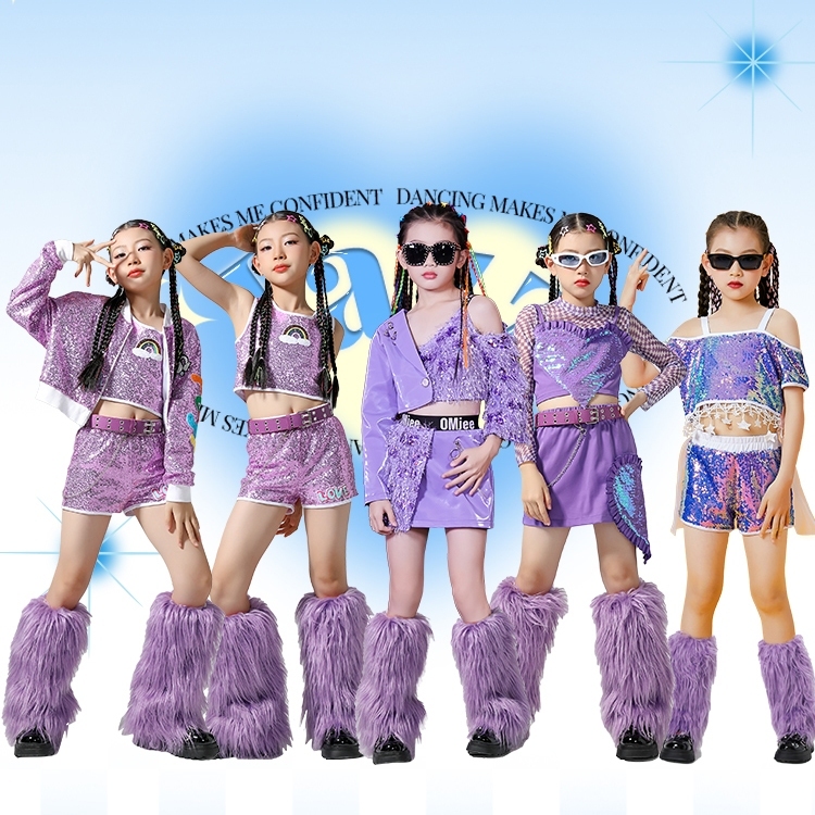 Kids Girls Purple Sequins Jazz Street Dance Costume Hip Hop Outfit ...