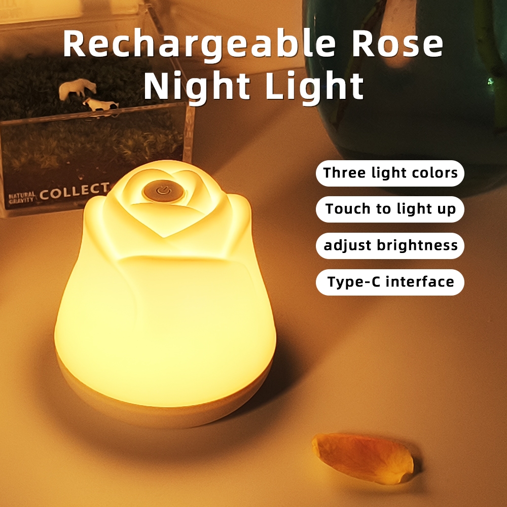 Touch Bedside Lamp Small USB Rose Charging Night Light 3 Modes Dimming ...