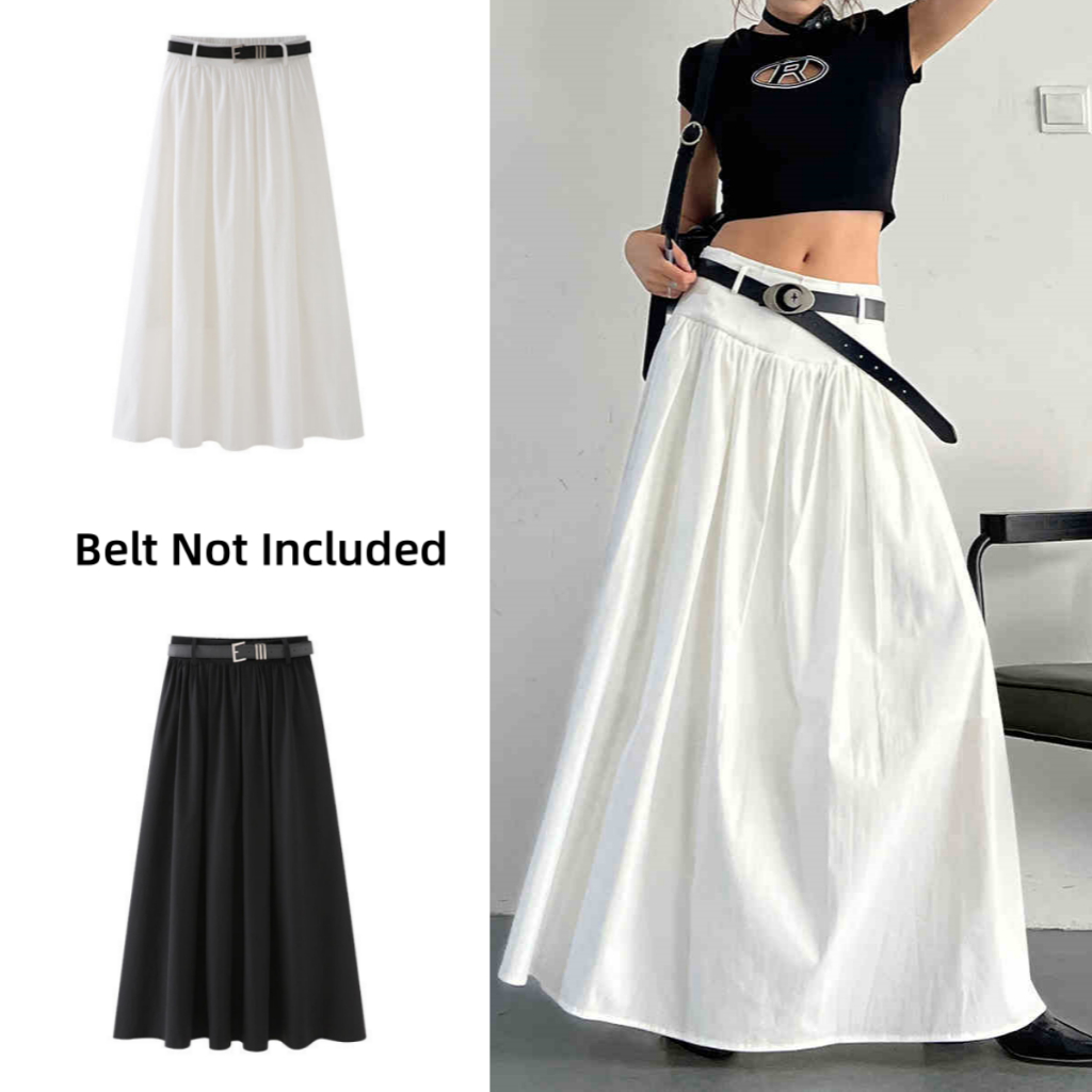 【READY STOCK】Bella Women Solid Color Mid-Length Skirt A-line All-Match ...