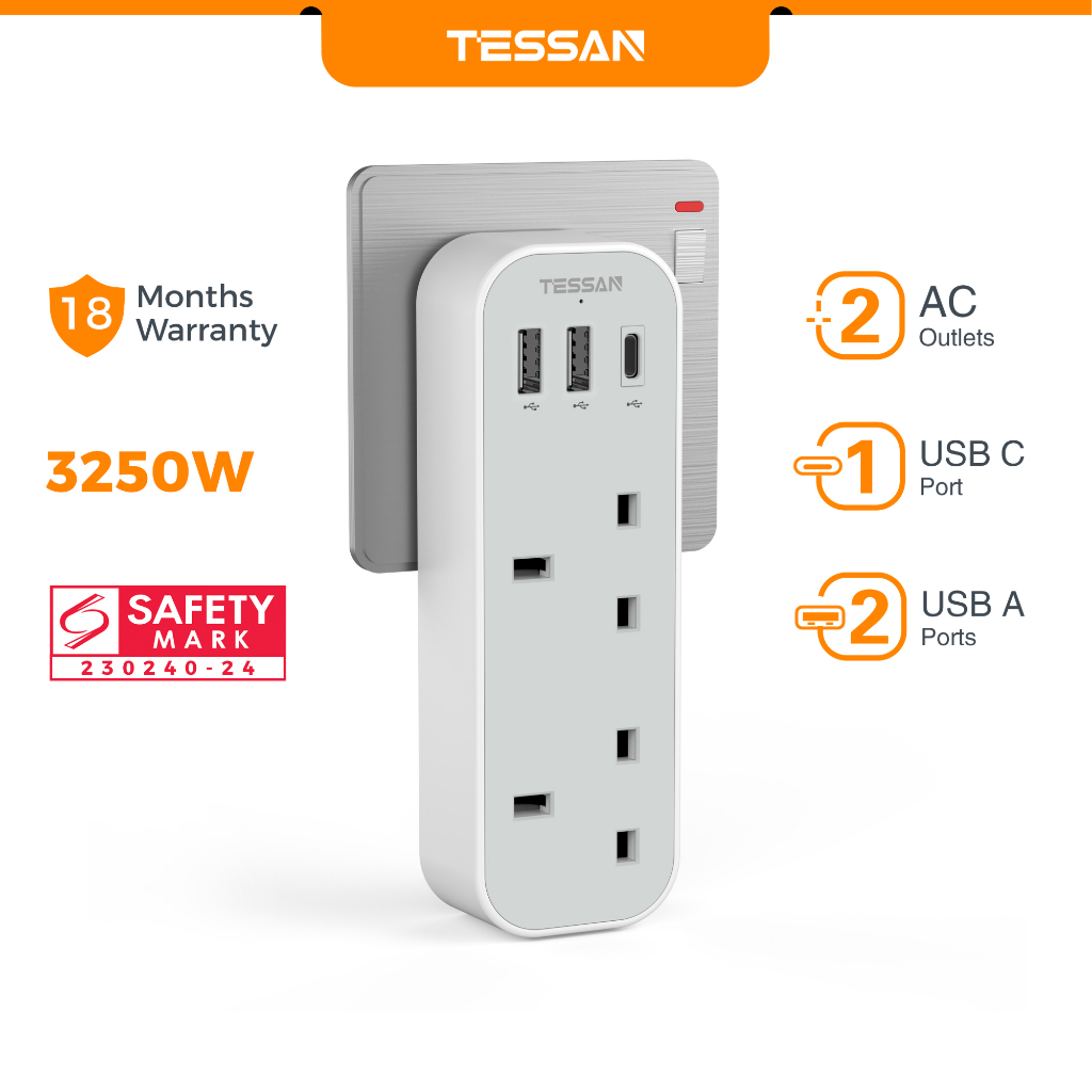 TESSAN Extension Plug with USB+Type C，Multi Plug Power Extension ...