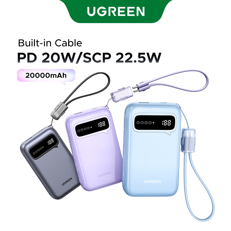 UGREEN Power Bank 20000mAh PD 22.5W 20W Fast Charging Powerbank Built in Dual-Cable Portable ...
