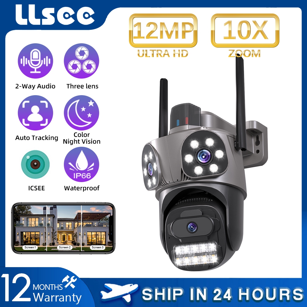 LLSEE icsee 6K three lens 12MP WIFI wireless IP security camera outdoor ...