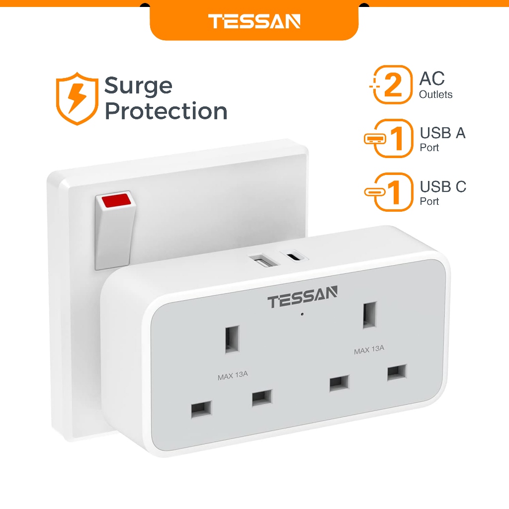 TESSAN Extension Plug with USB,Surge Protector Multi Plug Wall Socket ...