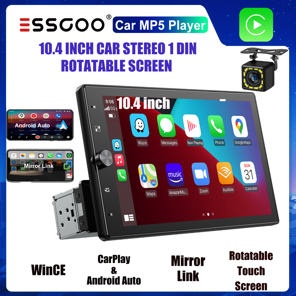 ESSGOO Wireless CarPlay Android Auto 1 DIN Multimedia MP5 Player 10.4 INCH Rotatable HD IPS ...