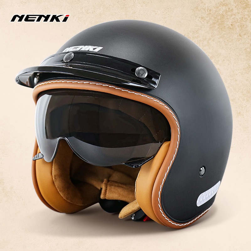 NENKI HELMETS NK-E3 BLACK CLASSIC RETRO HELMETS (FREE GIFTS) OPEN FACE ...