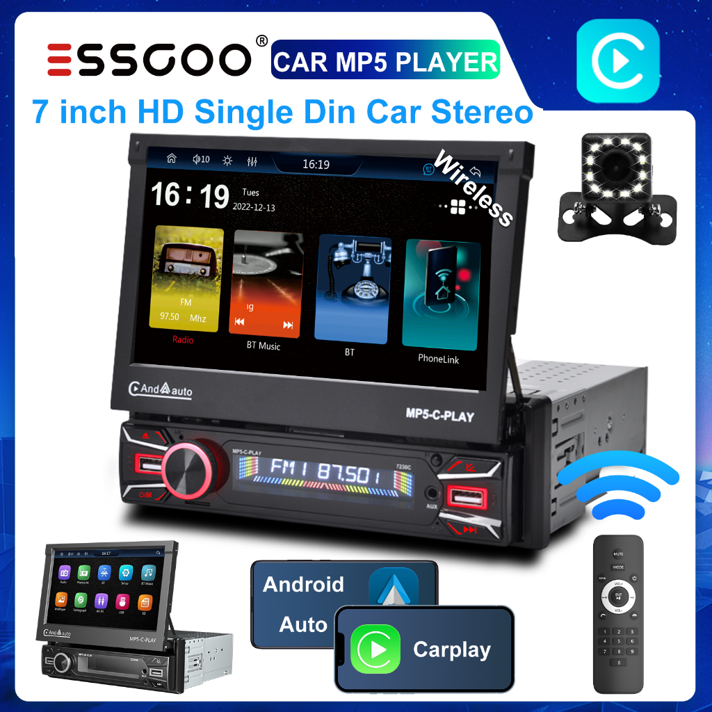 ESSGOO 7 INCH 1 Din Car Stereo Wireless Carplay Android Auto Telescopic Touch Screen MP5 Player ...