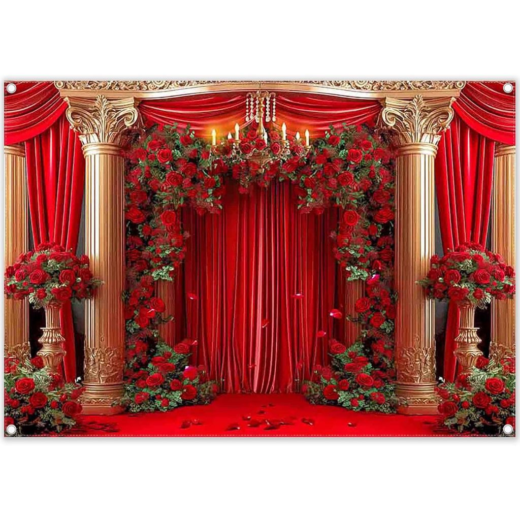 7x5ft Fabric Red Roses Backdrop Romantic Floral Curtain Wall ...