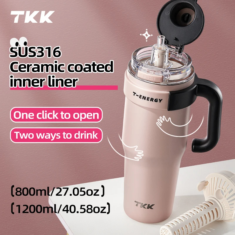 TKK 800ml/1200ml SUS316 Ceramic Coating Vacuum Cup, with Straw and Tea Strainer Vacuum Insulated ...