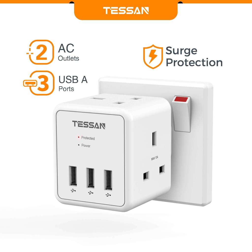 TESSAN Surge Protector Extension Plug Adapter with 3 USB, Plug Adaptor ...