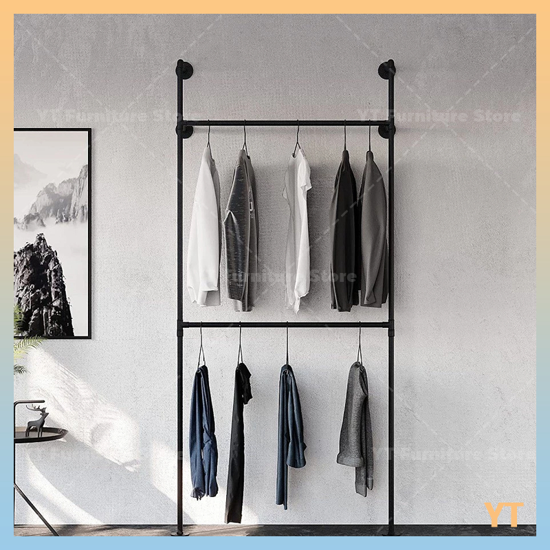 Industrial Pipe Hanger Double-Layer Clothes Hanger Wardrobe Bedroom and ...