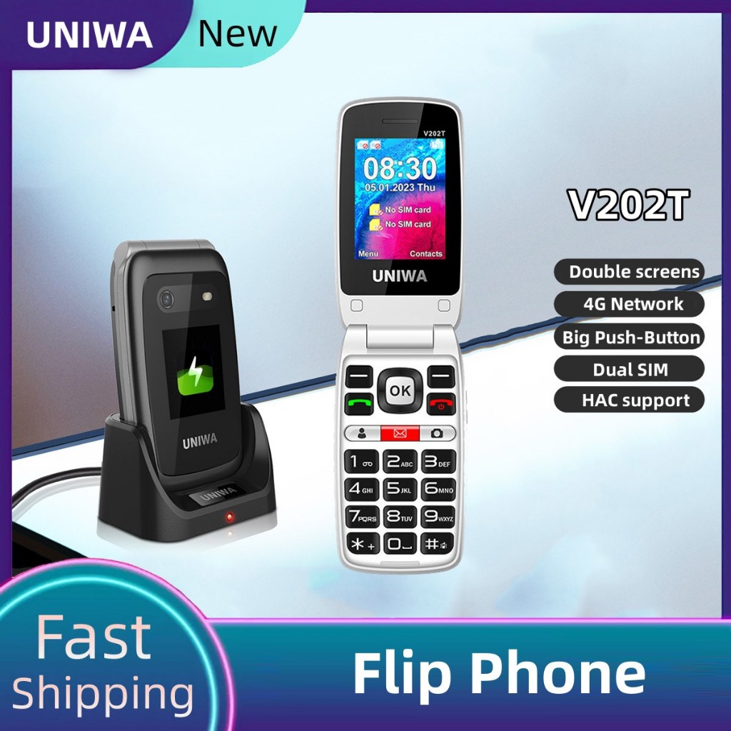 4G Feature Phone UNIWA V202T Dual Screen Big Push-Button Flip Mobile Phone for Elderly 1450mAh ...
