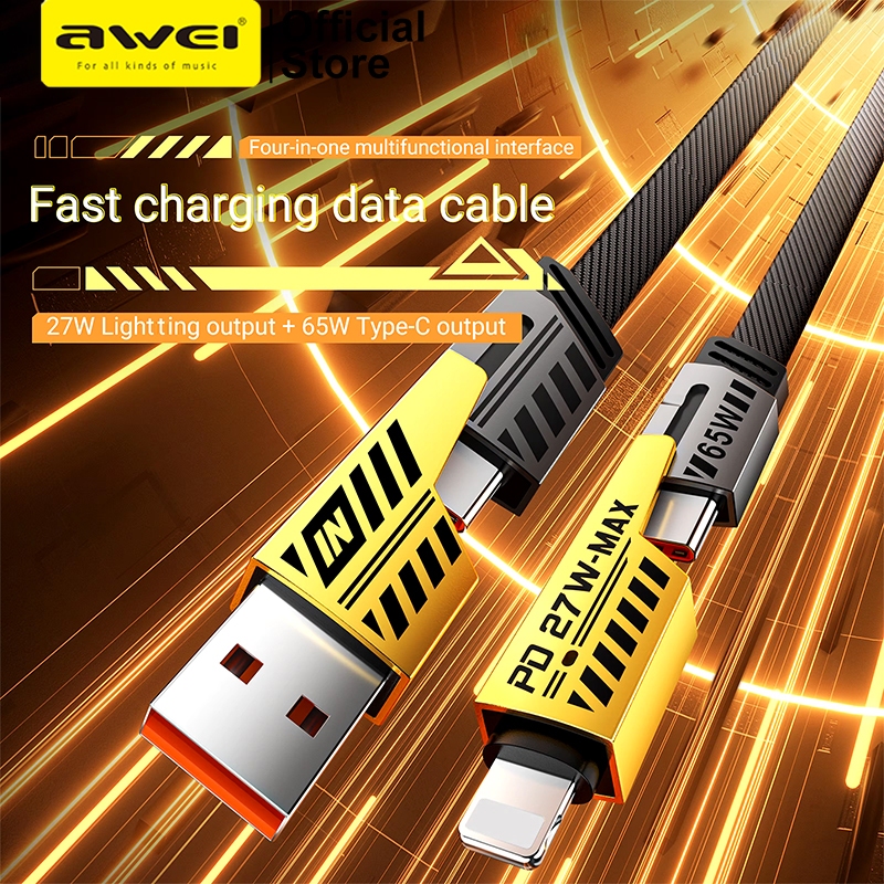 Awei 65W 4 in 1 Super Fast Charging Cable 1M Nylon Braided USB Type C ...