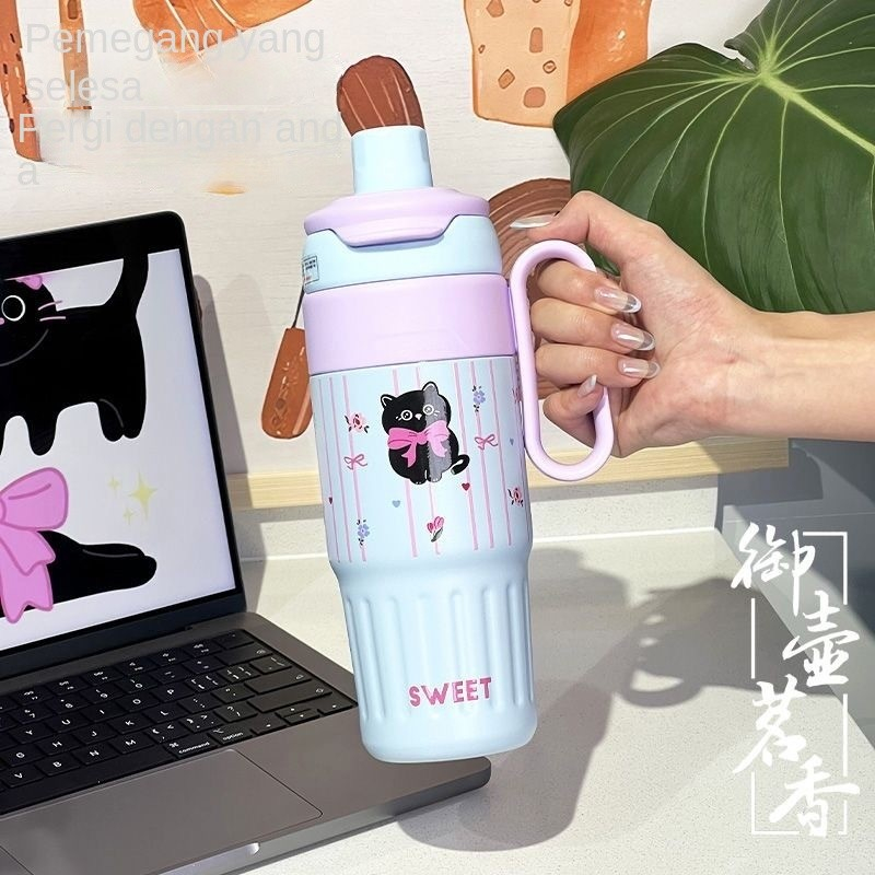 Botol Air Bertebat Dengan Pemegang Dan Straw, Tumbler, Cawan Perjalanan Keluli Tahan Karat ...