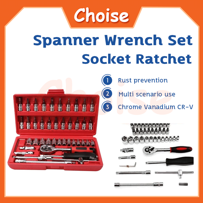 46PCS 1/4" Heavy Duty Spanner Wrench Set Socket Ratchet Combination ...