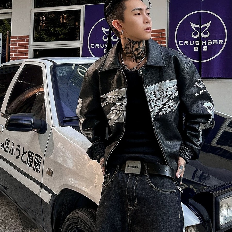 High Street Leather Letter Embroidery Motorcycle Clothing Jacket Men ...