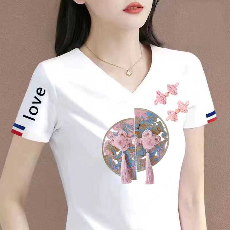 New Women T-Shirt Short-Sleeved V-Neck Narrow-Waisted Fashion Print ...