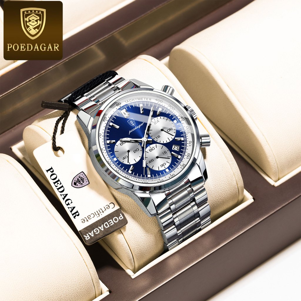 POEDAGAR Watch For Men Waterproof Original Stainless Steel Silver ...