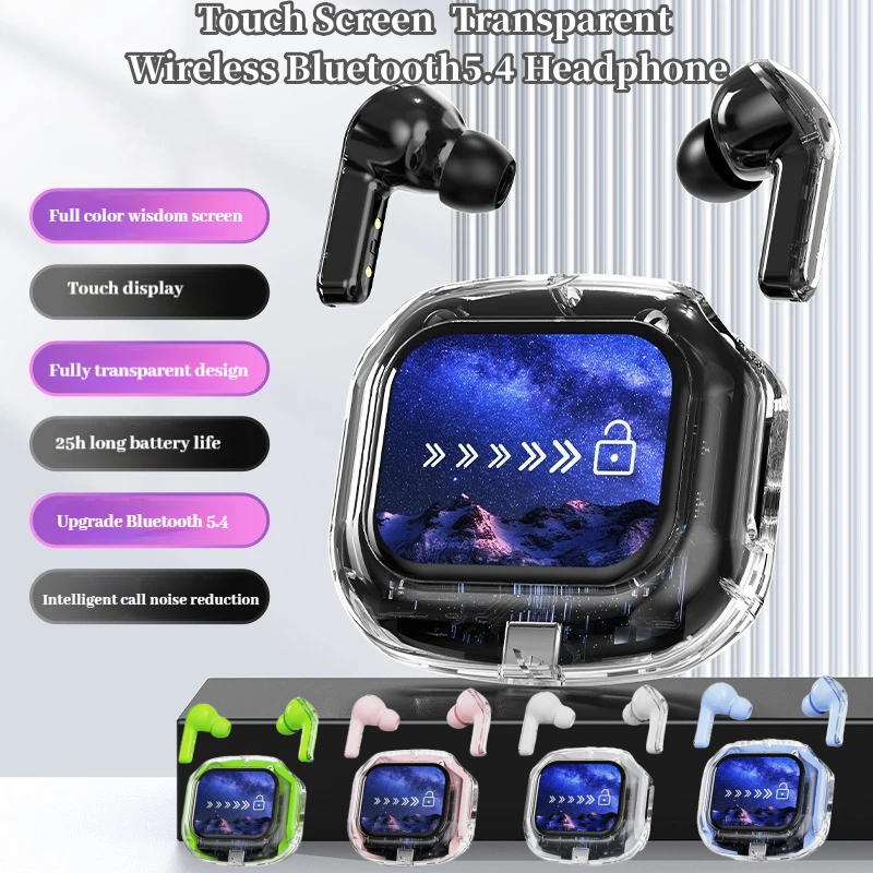 Airmax Color Screen Wireless Bluetooth 5.4 Earphones Transparent Touch Screen Digital Waterproof ...