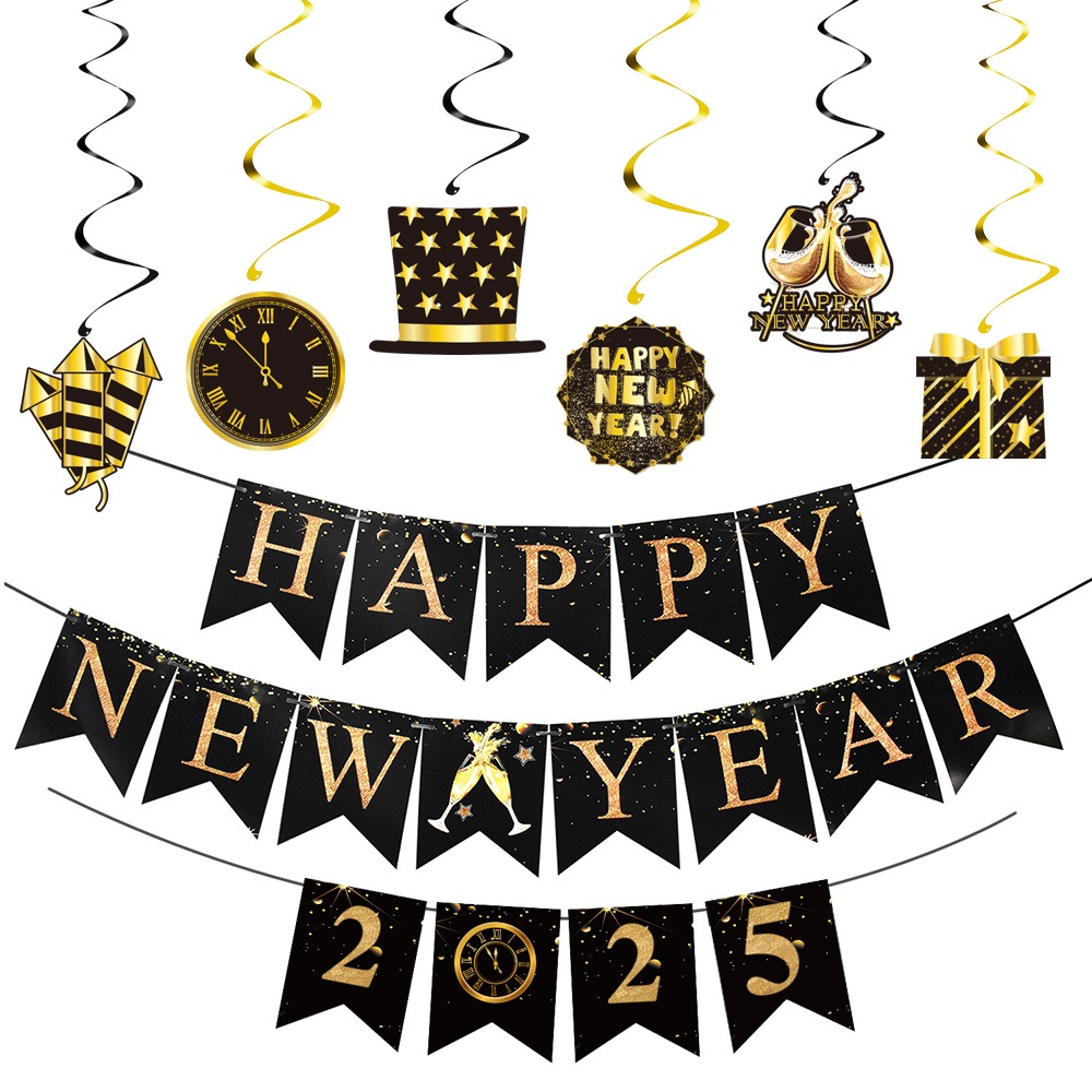 Black Gold Happy New Year 2025 Banner Decorations Hanging Bunting for ...
