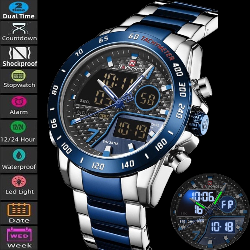 Naviforce Men’s Dual Time Sports Watches Analog Digital Display Full ...
