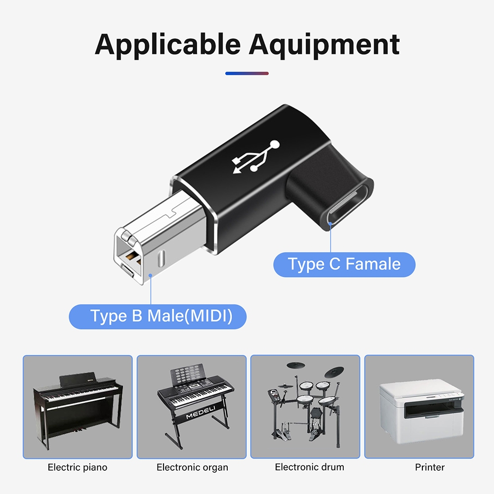 90 Degree Elbow USB Type C Female to USB B Male 2.0 MIDI Adapter ...