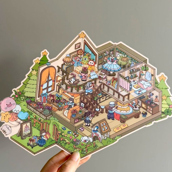 Ohaya | Rich Landscaping Stickers Three-Layer Villa Scene Stickers Fun ...