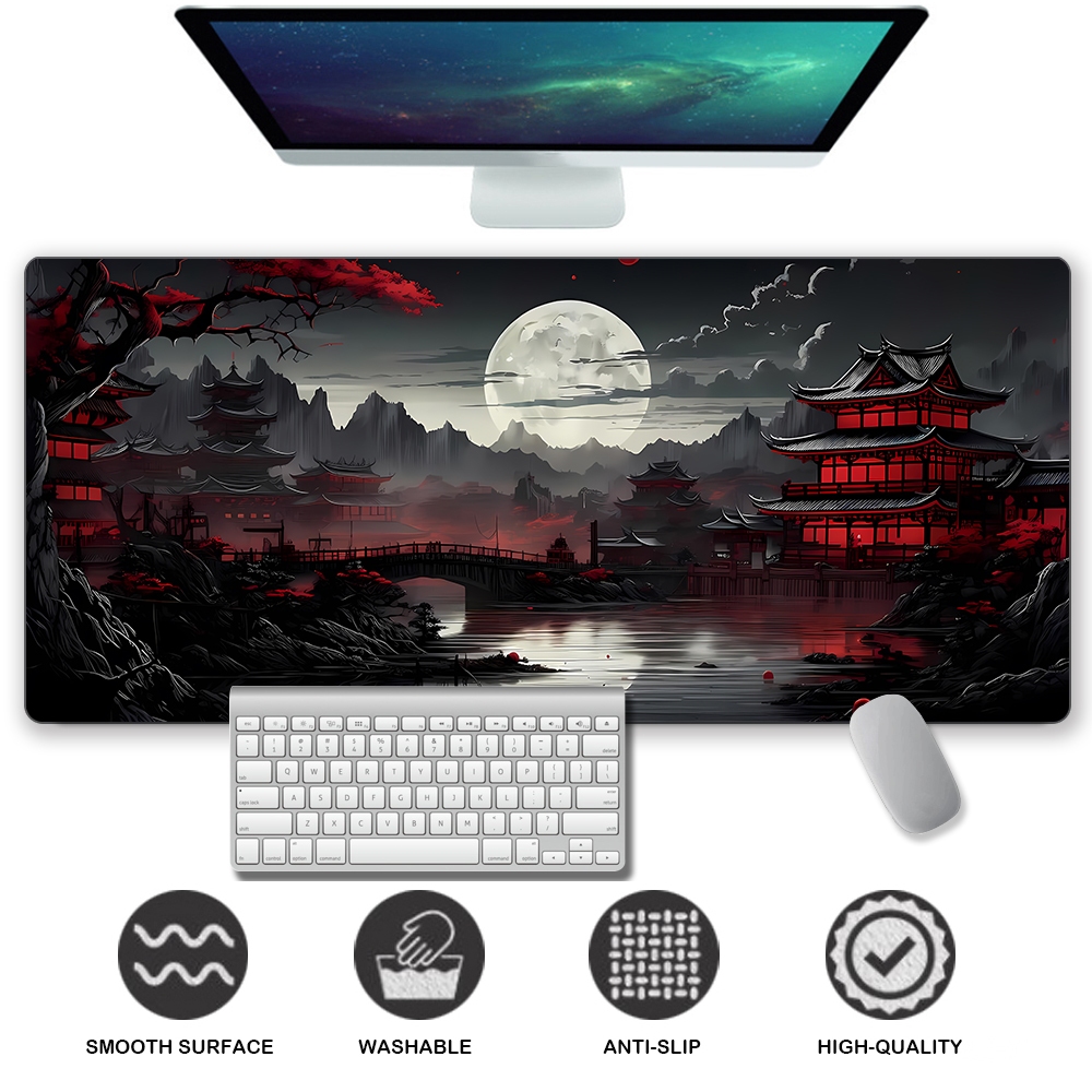 Japanese Desk Mat Riverside Full Moon Desk Pad Black Red Large Mouse ...
