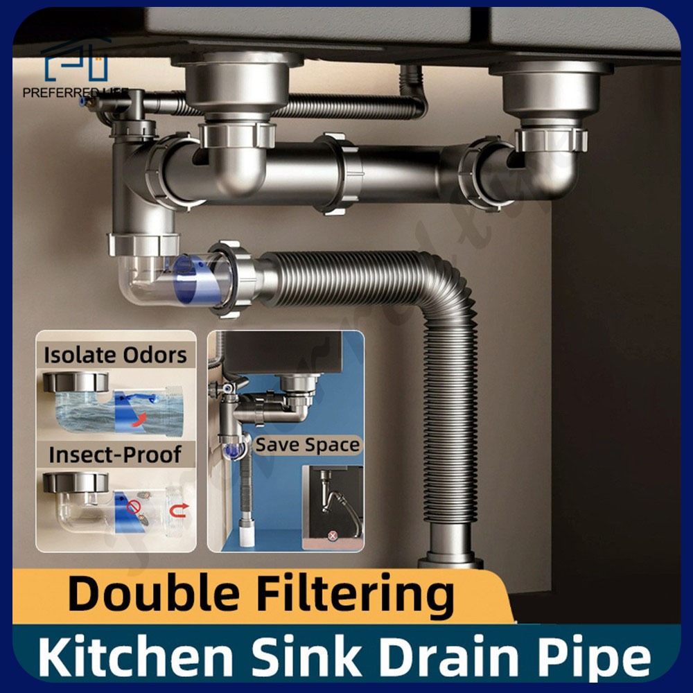 Kitchen Sink Drain Hose double Universal Odor-Proof Anti-Clog High ...