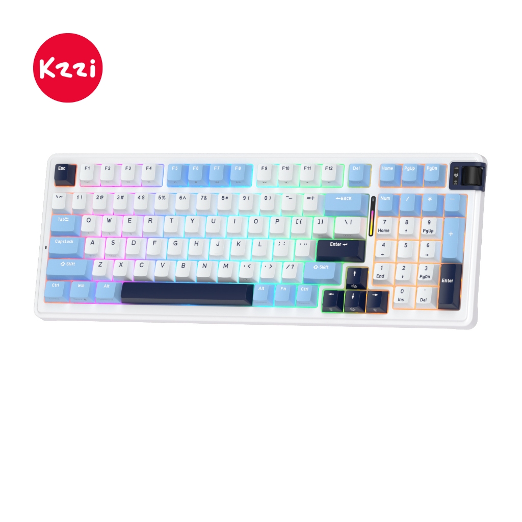 KZZI K98 Polar White Wireless Gaming Triple Mode BT5.0/2.4G/USB-C Gasket Mounted Custom RGB ...