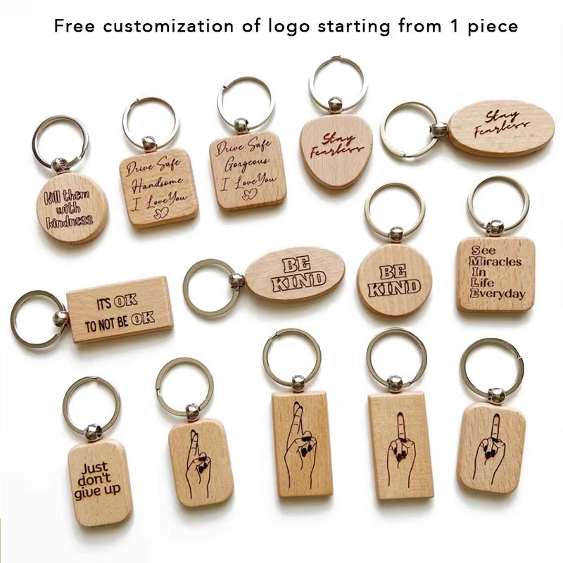 Personalised Logo Square Round Wooden Key Chain DIY Names Customised ...