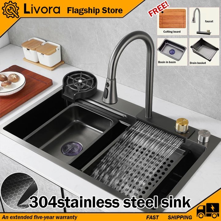 Smart Nano Sink 304 Stainless Steel Kitchen Sink Whale Waterfall Single ...