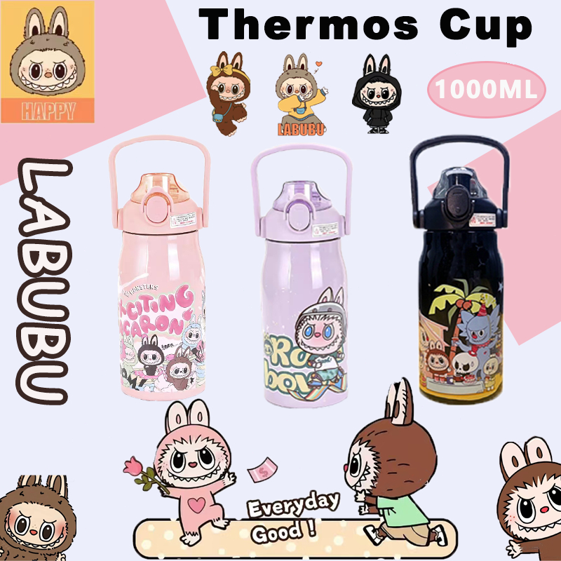 1000ML Labubu Water Bottle Vacuum Thermos 304 Stainless Steel Water Cup With Hand Botol Cartoon ...