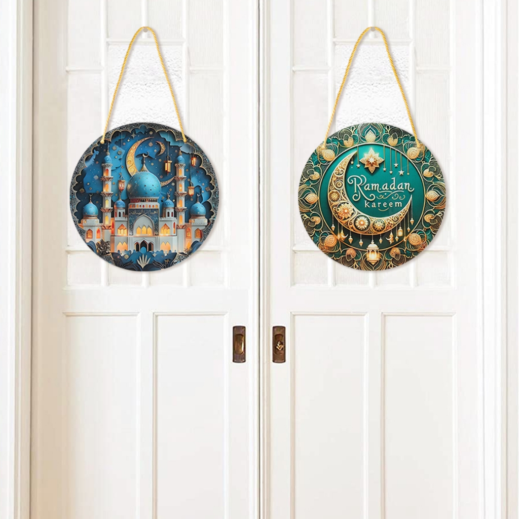 Eid Mubarak Door Sign Acrylic Hanging Signs Teal Castle Moon Round Door ...