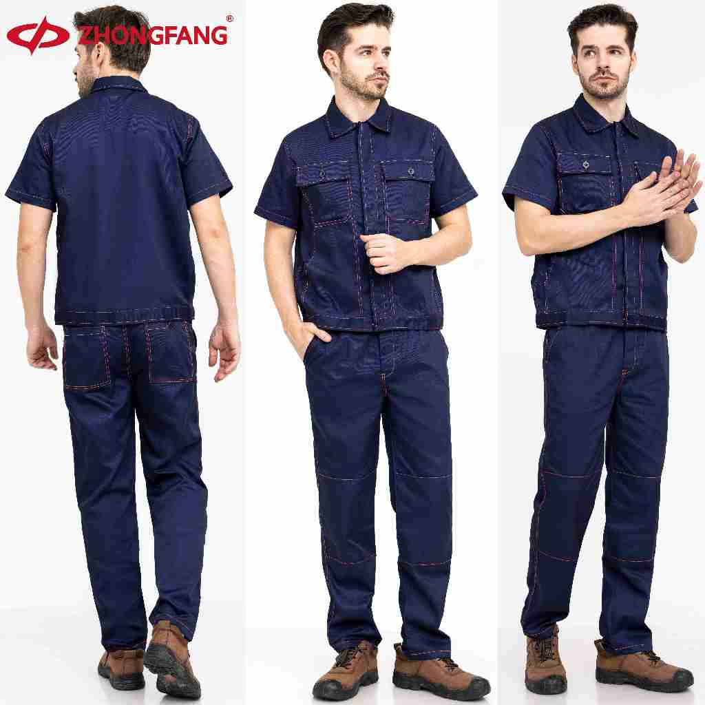 ZHONGFANG Men Work Short Sleeve Shirt + Pants Suit Safety Workwear ...