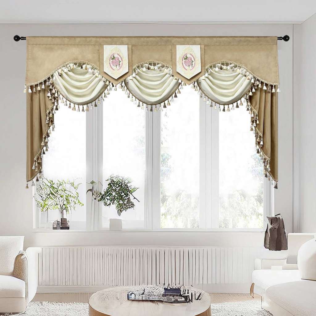 Luxury Velet Waterfall Valance for Living Room Jacquard Swag Scallop Curtain with Tassels ...