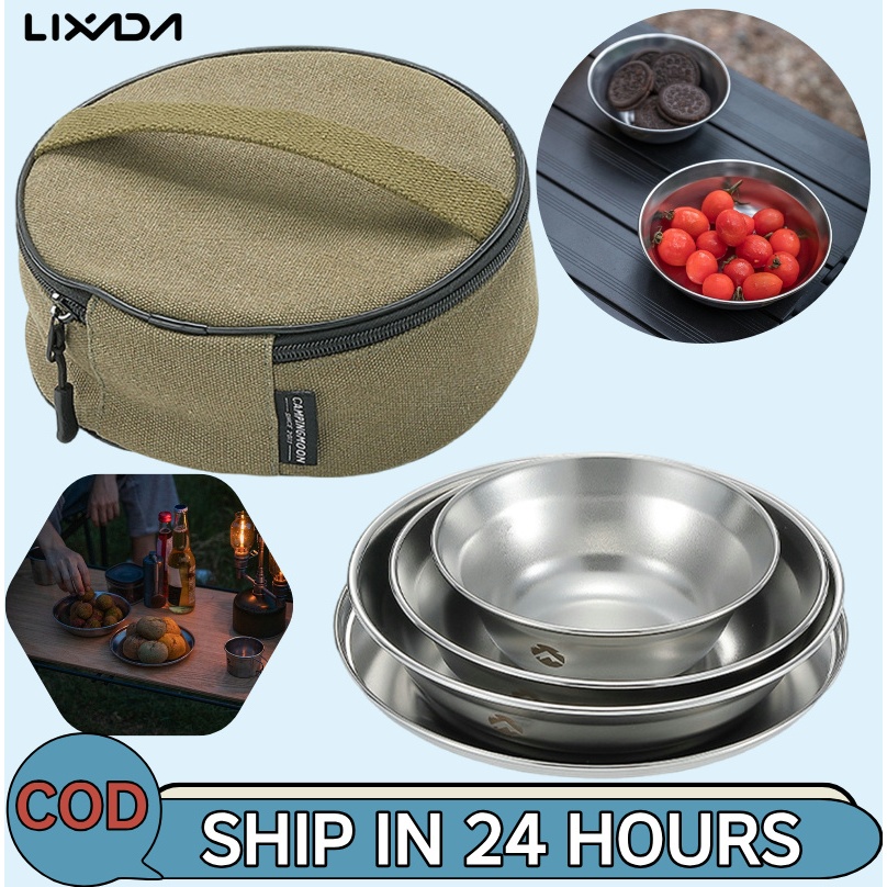 [LIXADA MALL] 4pcs Stainless Steel Plates and Bowls Set Camping Dinner ...