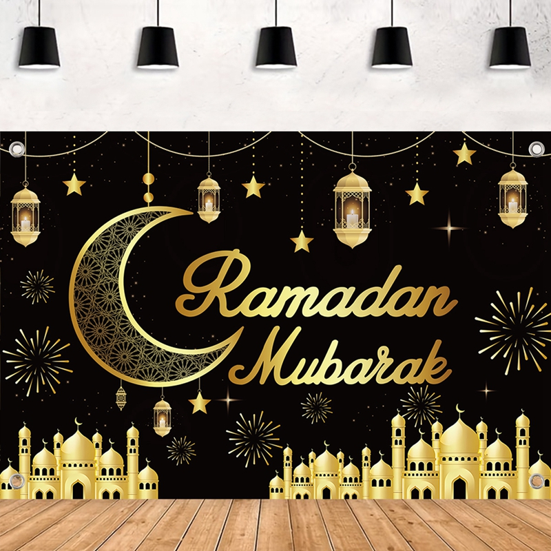 150*100Cm Eid Mubarak Backdrop Banner Black Gold Muslim Castle Moon ...