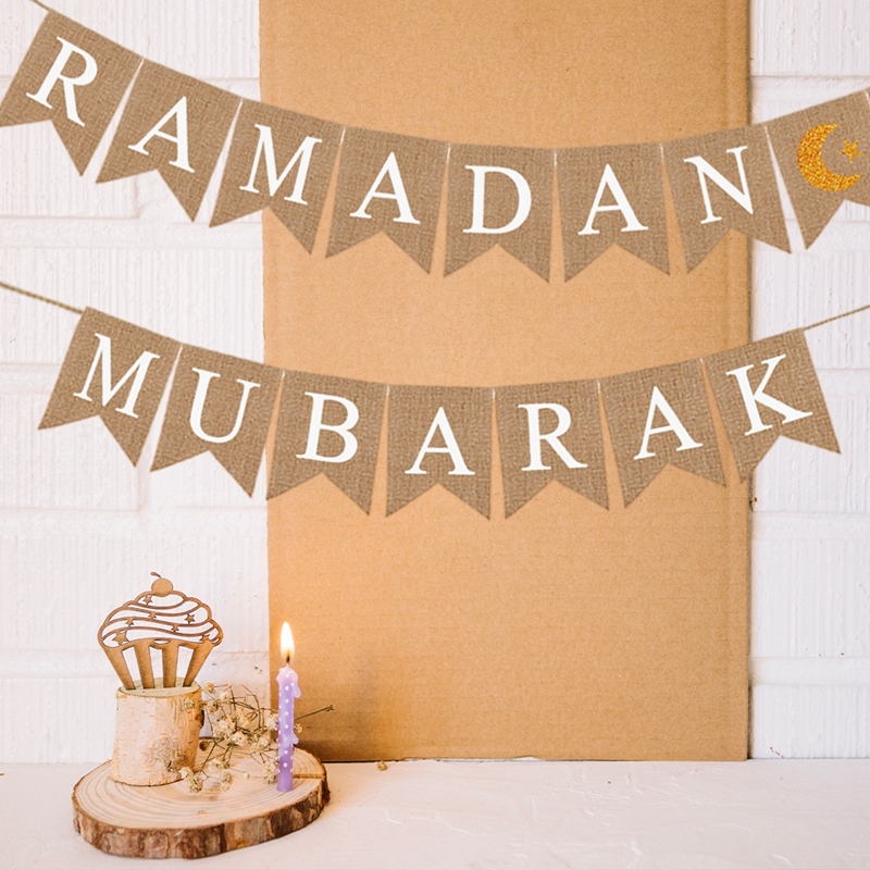 Ramadan Mubarak Linen Decoration Flag Moon Star Word Ramadan Kareem ...